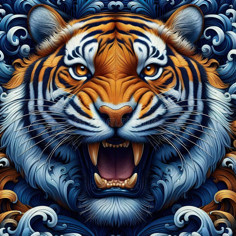 A Roaring Tiger in a Detailed, Abstract Style with Swirling Patterns ...