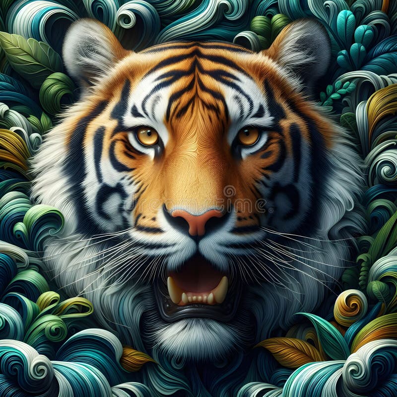 A Roaring Tiger in a Detailed, Abstract Style with Swirling Patterns ...