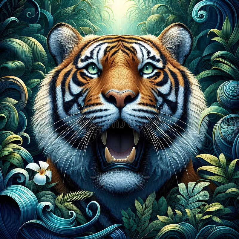 A Roaring Tiger in a Detailed, Abstract Style with Swirling Patterns ...