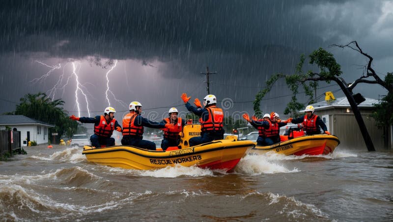 Dramatic Flood Rescue Scene – Bravery Amidst the Storm Stock ...
