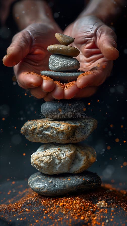Hands Holding a Balanced Stone Tower with Sparks. AI Generated Stock ...