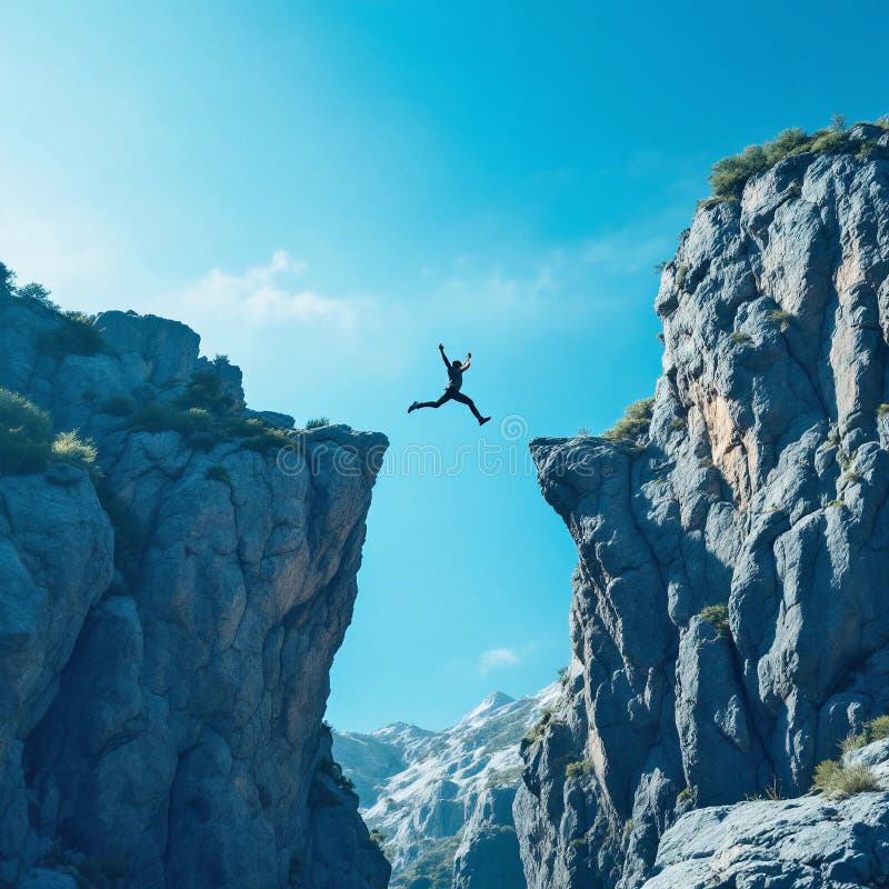 Man Jumping between Two Cliffs Against Blue Background - Symbol of ...