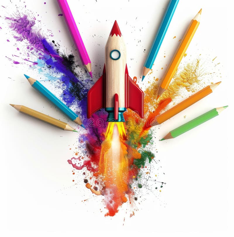Vibrant Pencil Rocket Launching into Space with Colorful Explosion ...