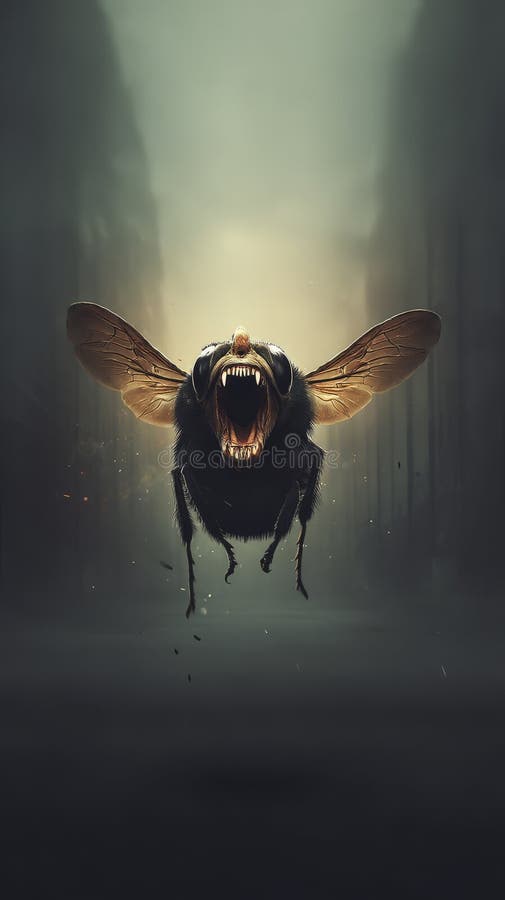 Fierce Fly Charging Ahead in Dim Street Scene. Stock Illustration ...