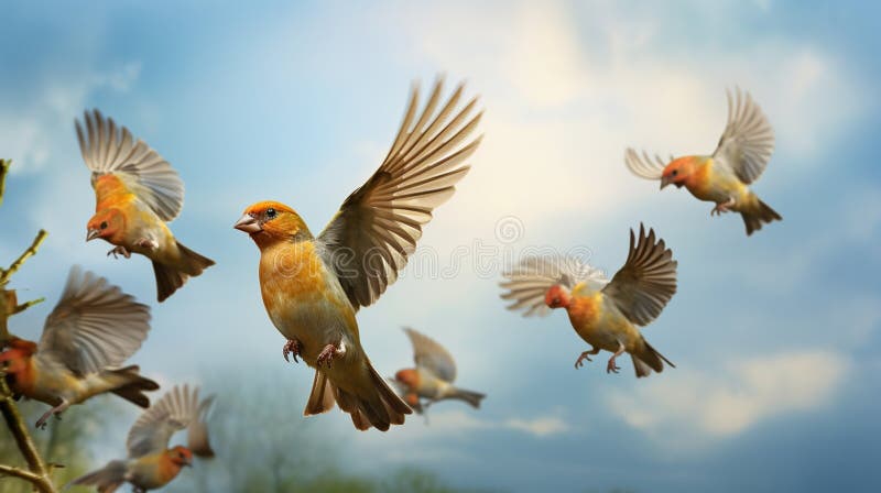 A Dynamic Image Capturing Finch Birds in Mid-flight, Their Wings ...
