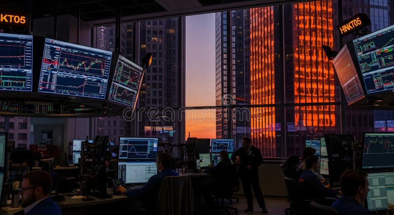 Stock Trading Floor at Sunset Stock Illustration - Illustration of ...