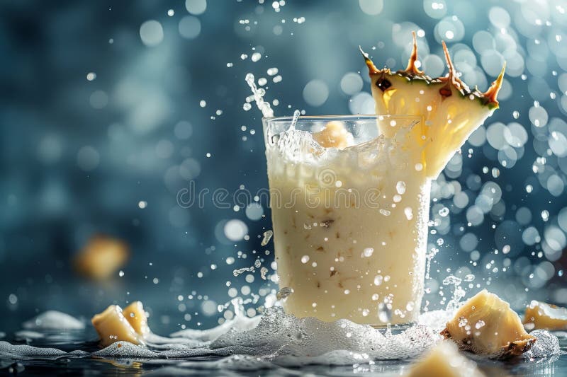 Pina Colada Cocktail Splash with Pineapple Pieces on a Radiant Navy ...