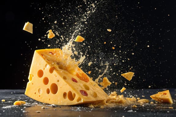 Dynamic Image of a Cheddar Cheese Wedge Exploding Against a Black ...