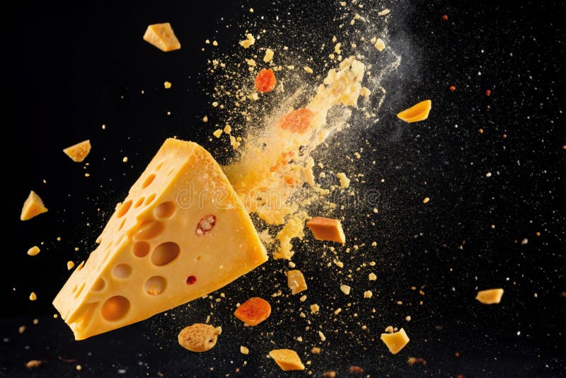 Dynamic Image of a Cheddar Cheese Wedge Exploding Against a Black ...