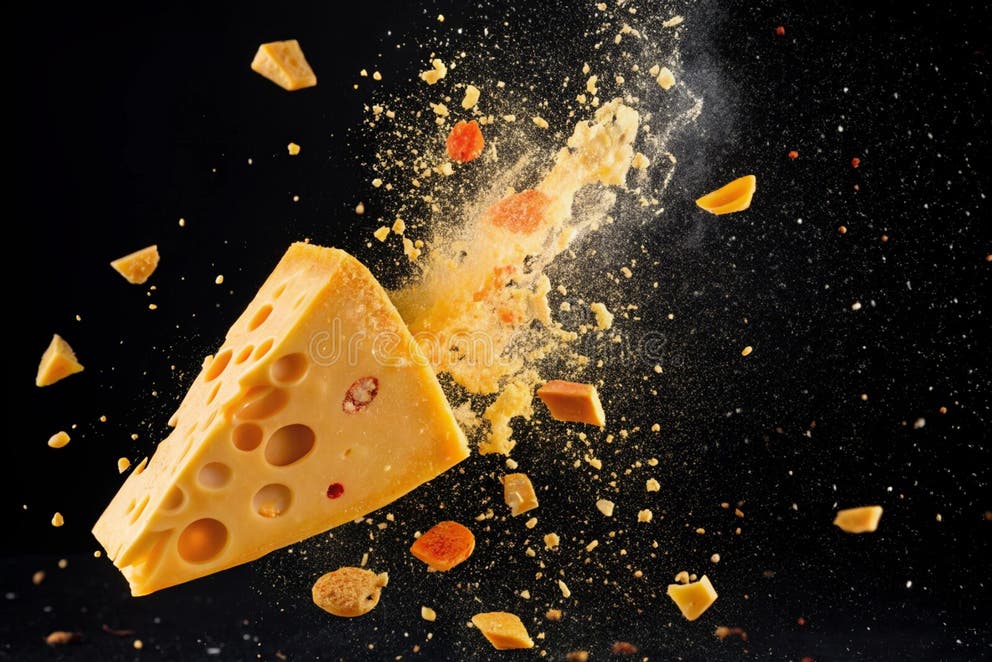 Dynamic Image of a Cheddar Cheese Wedge Exploding Against a Black ...