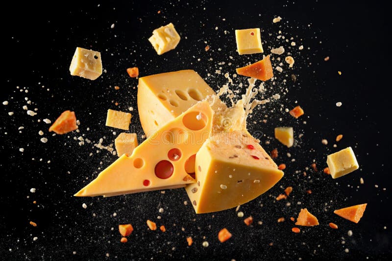 Dynamic Image of a Cheddar Cheese Wedge Exploding Against a Black ...