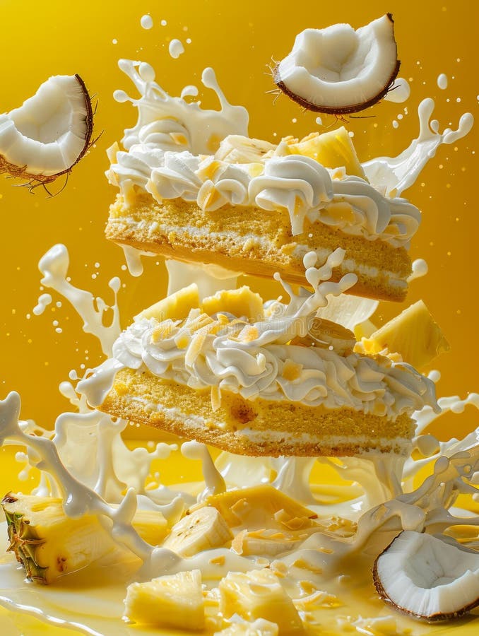 Dynamic Image of Coconut Cake Layers with Whipped Cream and Milk Splash ...