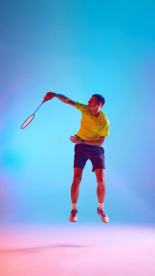 Dynamic Image of Concentrated Young Man, Badminton Player in Motion ...