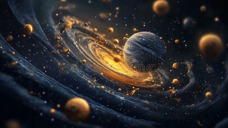 Abstract Cosmic Space Scene with Planets and Galactic Dust in Motion ...