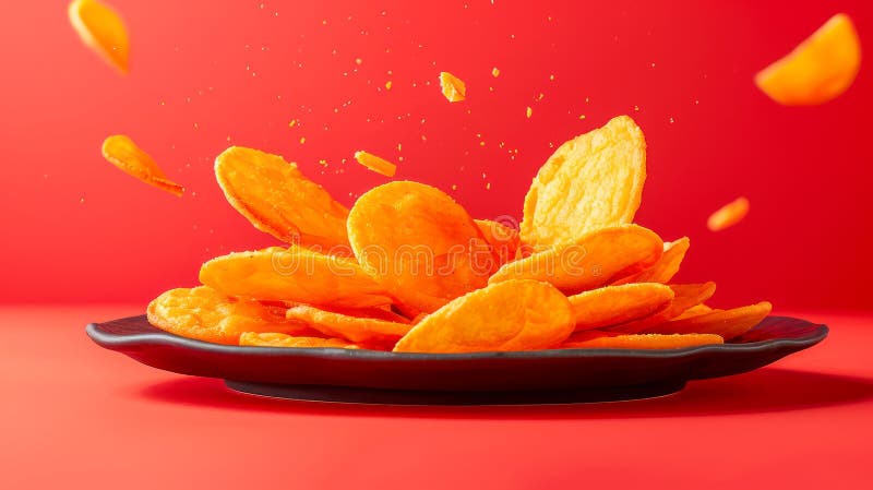 Dynamic Image of Crispy Potato Chips Splashing Onto a Plate Against Red ...