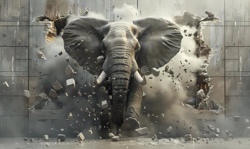 Elephant Breaking through Wall in Powerful Charge Stock Image - Image ...