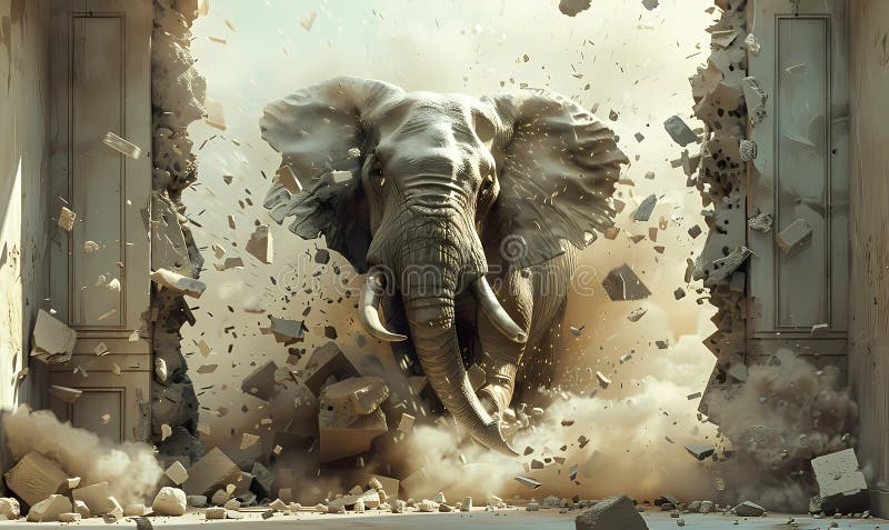 Elephant Breaking through Wall in Powerful Charge Stock Image - Image ...