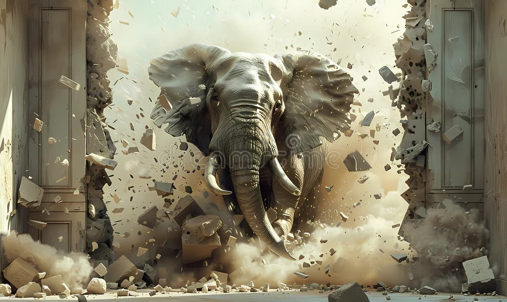 Elephant Breaking through Wall in Powerful Charge Stock Image - Image ...