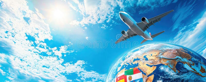 Airplane Soaring Above the Globe with International Flags and Blue Sky ...