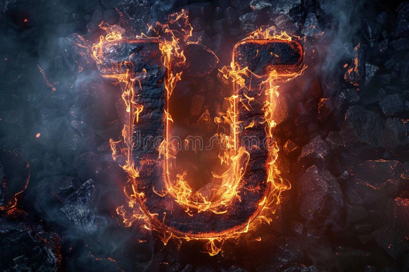 Fiery Letter U Shape Burning Flames on Dark Rocks, Intense Fire Texture ...