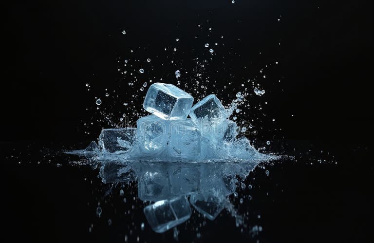 Dynamic Image Features Exploding Ice Cubes Against Black Background ...