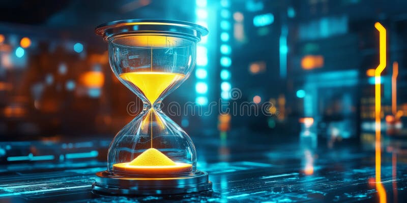 A Glowing Hourglass Rests Prominently in a Futuristic Setting. Bright ...