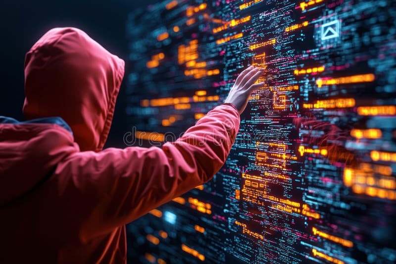 Dynamic Image Featuring Hacker Reaching Toward Virtual Screen Filled ...