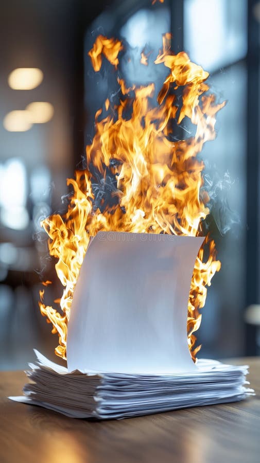 Papers on Fire with Flames Erupting from Stacked Sheets in Modern ...