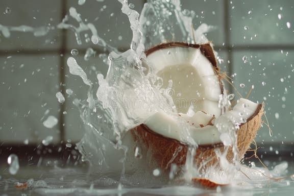 Exploding Coconut with Splashing Milk Stock Illustration - Illustration ...