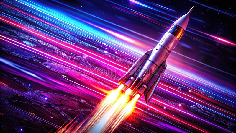 Futuristic Rocket Launching with Vibrant Light Trails in Space Stock ...