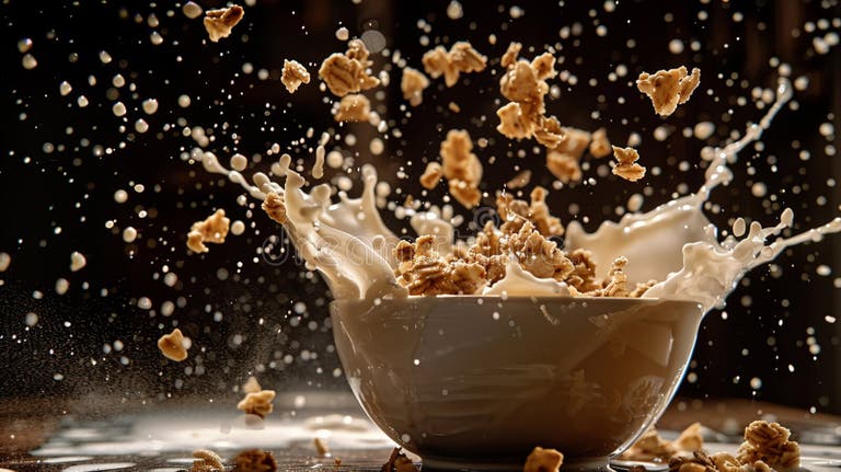 Dynamic Image with Granola Exploding from Milk Splash Stock Illustration - Illustration of ...