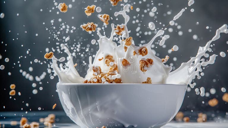 Dynamic Image with Granola Exploding from Milk Splash Stock Illustration - Illustration of ...