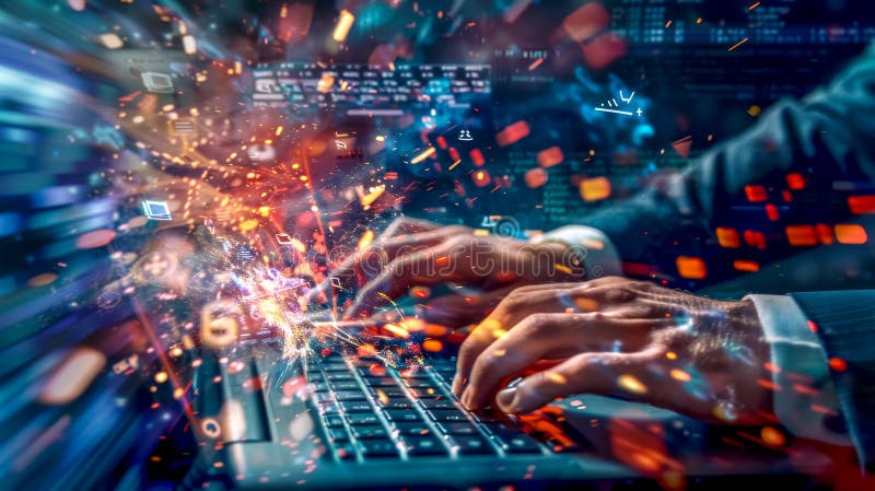 Futuristic Cyberspace Data Stream with Typing Hands Stock Image - Image ...