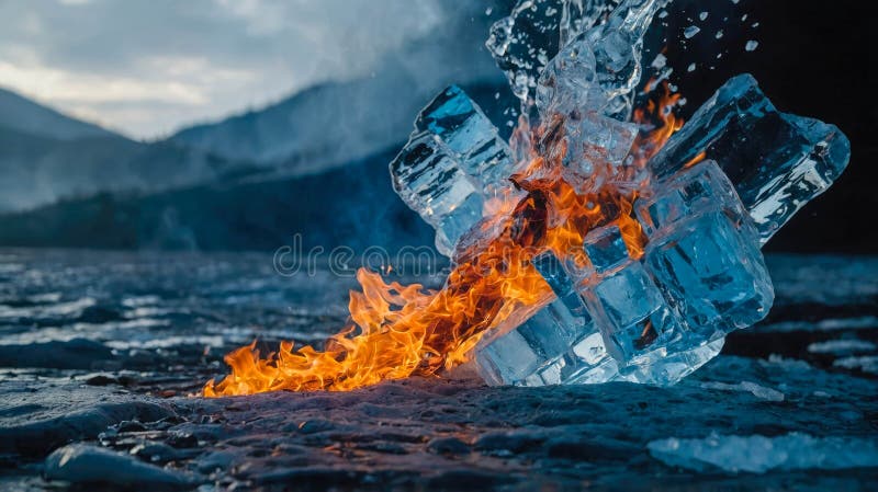 Dynamic Image of Ice Blocks Melting with Flames Stock Illustration ...