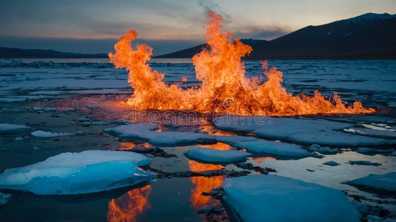 Dynamic Image of Ice Blocks Melting with Flames Stock Illustration ...