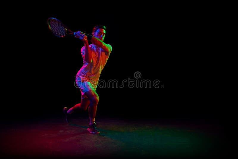 Dynamic Image of Man, Athlete in Motion, Playing Tennis, Serving Ball ...
