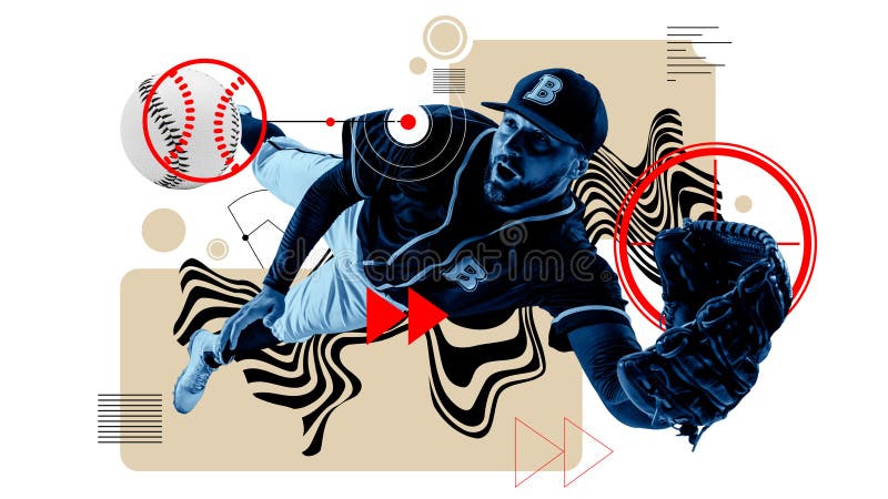 Dynamic Image of Man, Baseball Player in Motion, Catching Ball in Jump ...