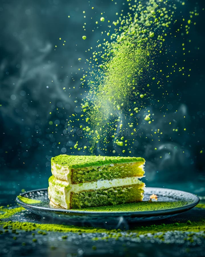 Dynamic Image of Matcha Tea Cake with Vibrant Green Powder Sprinkling ...