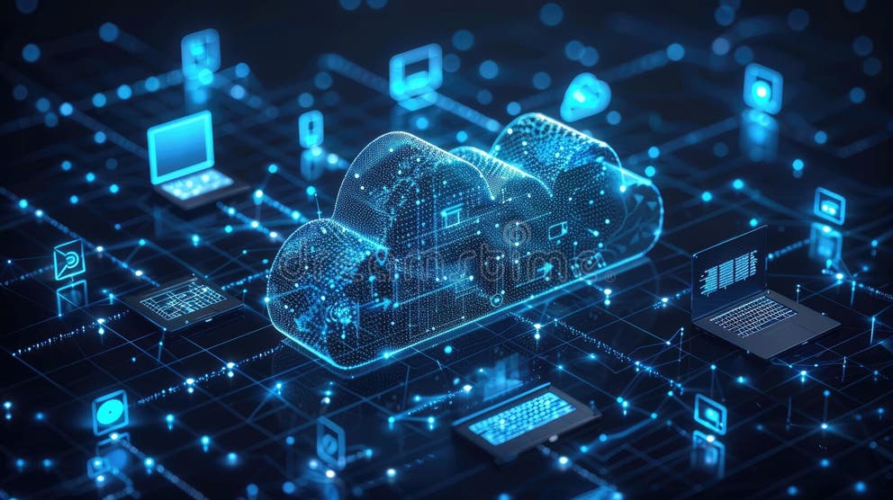 Innovative Digital Cloud Technology Symbolizing Modern Data Storage with Neon Circuit Board ...