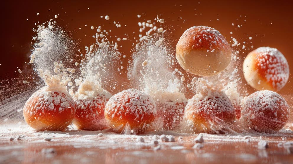 Sweet Bakery Buns Exploding with Powdered Sugar in Air Stock ...