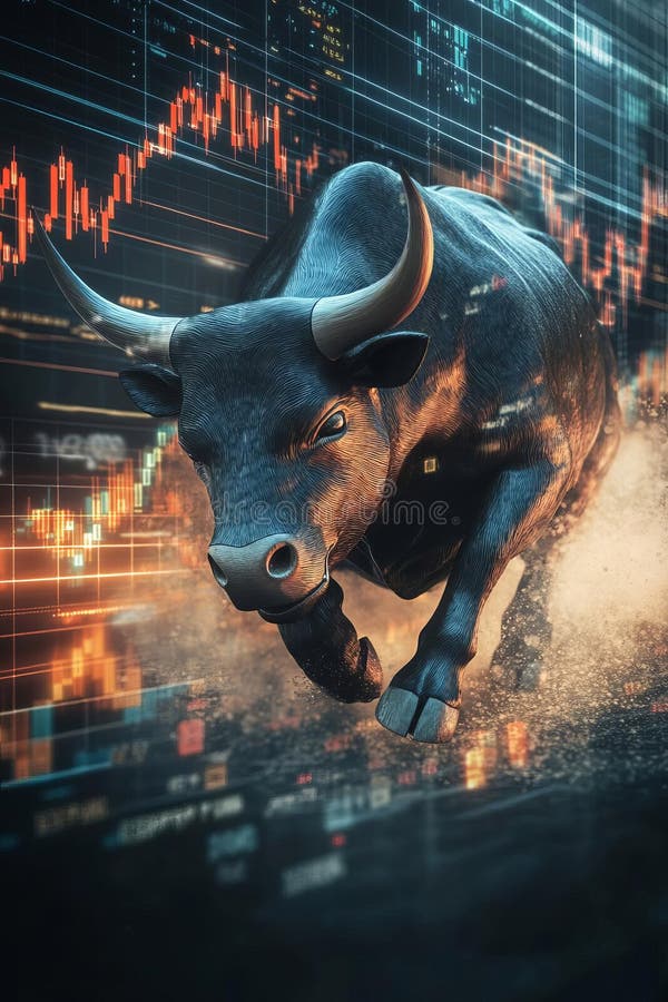 Dynamic Image of a Powerful Bull Charging Forward with Stock Market ...