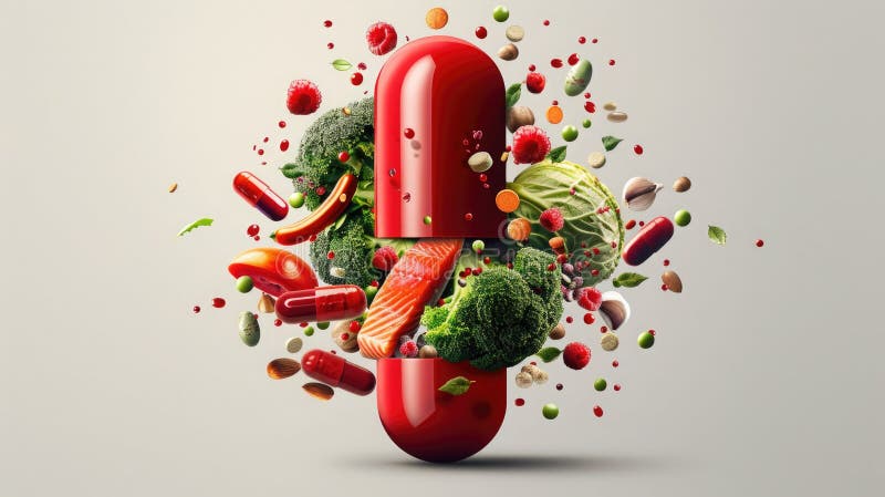 Dynamic Image of a Red Capsule Bursting with Nutritious Foods Stock ...