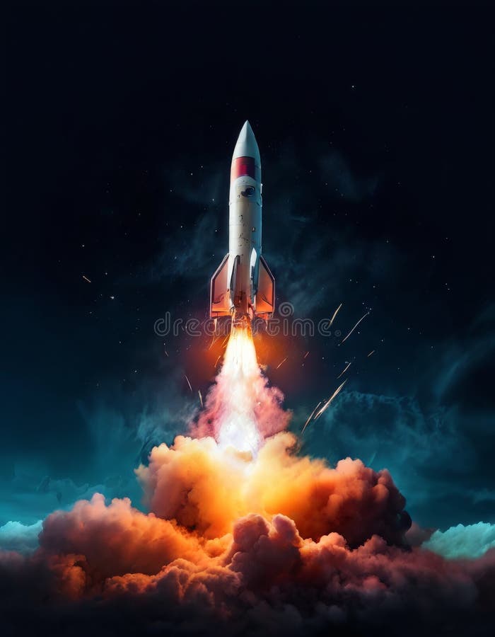 Rocket Launching into Space with Fiery Exhaust Stock Photo - Image of ...
