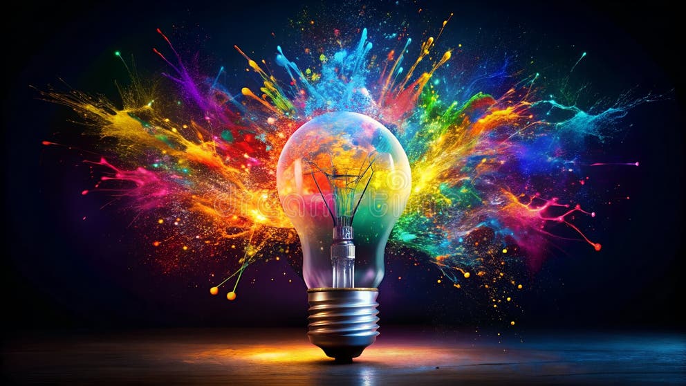 Light Bulb Exploding with Colorful Paint Splashes Stock Illustration ...