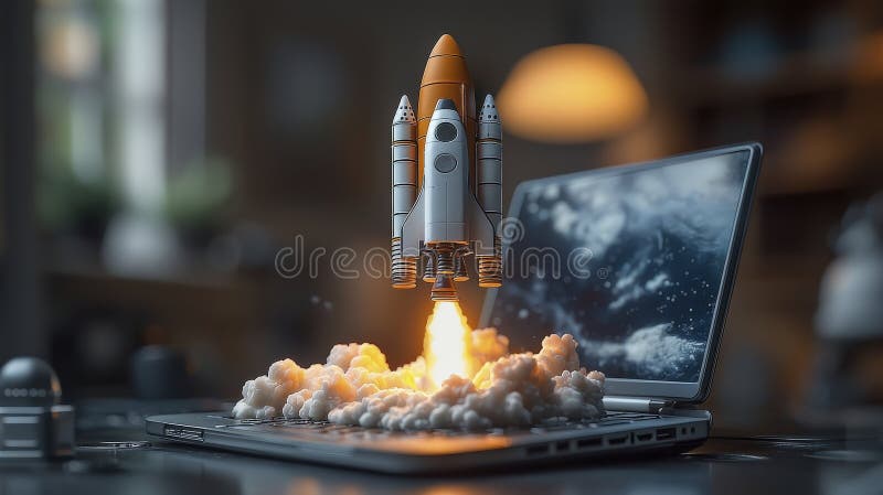 Rocket Propelling from Laptop with Cloud Effects Stock Illustration ...