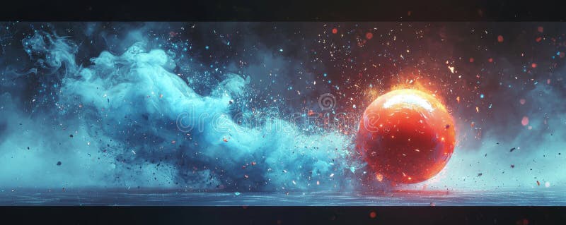 Fiery Red Ball Colliding with a Swirling Blue Sphere Stock Photo ...