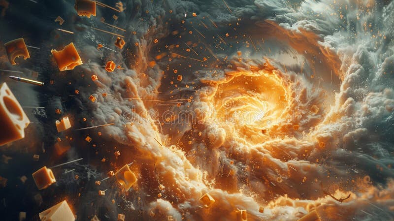 A Dynamic Image Showing a Cyclone Filled with Flying Cheese Wedges and ...