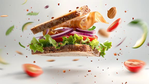 Exploding Sandwich with Ingredients Suspended in Mid-air. Dynamic ...