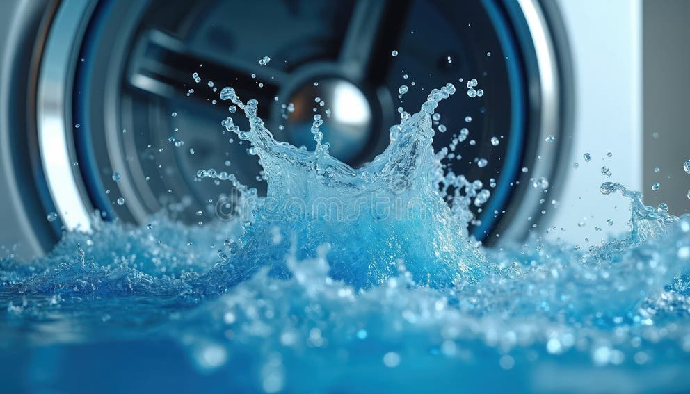 Dynamic Image Shows Blue Water Splash from Washing Machine Drum. Water ...