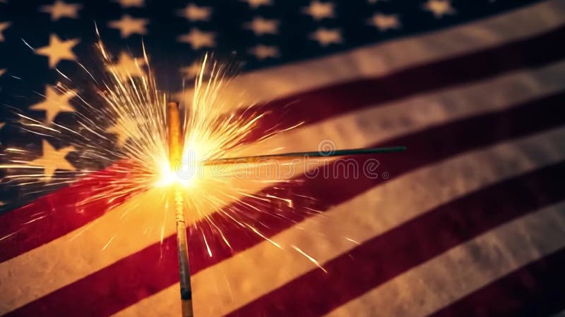 A Spark Ignites on a Textured American Flag. Bright Colors Contrast ...